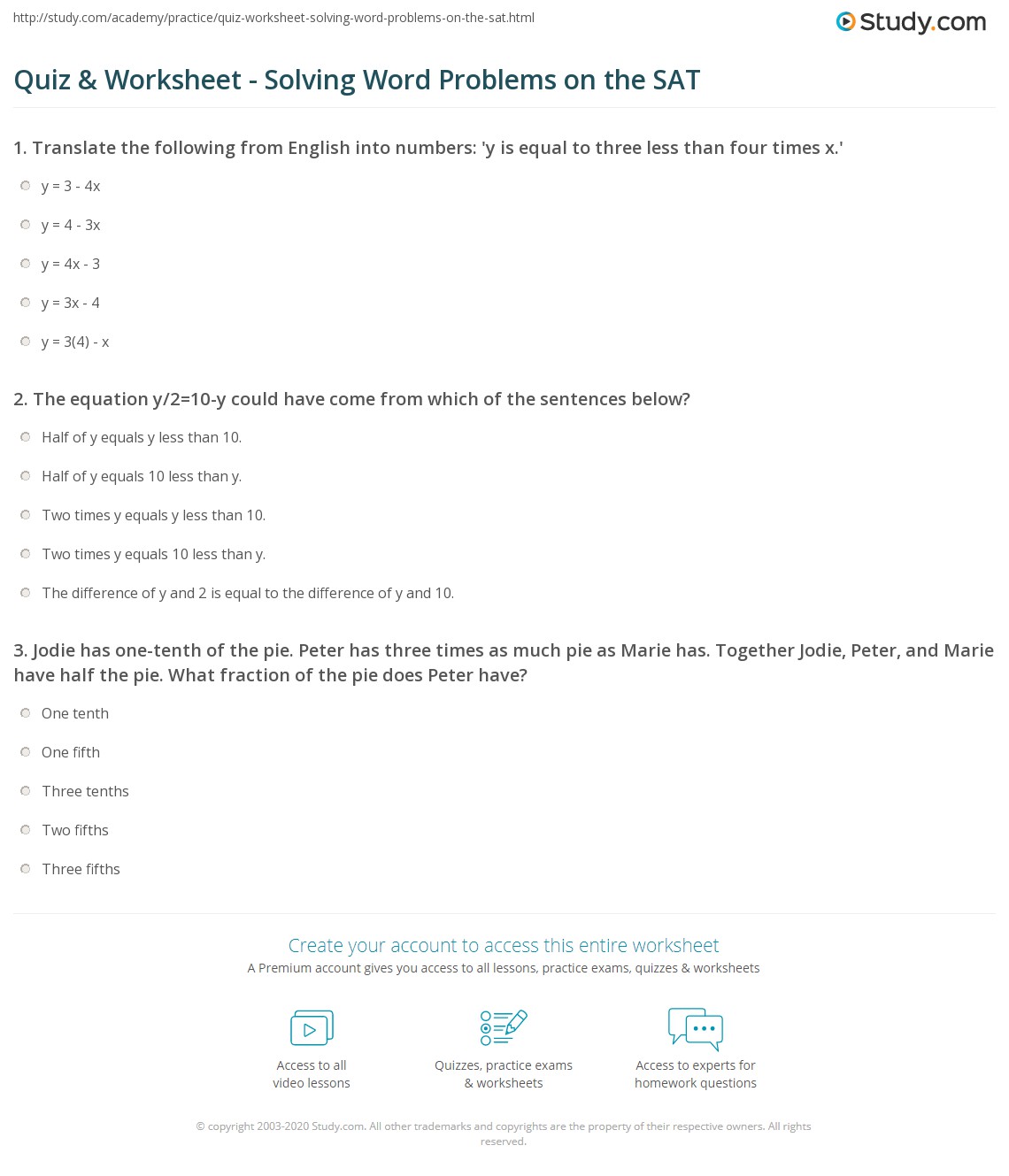 Quiz Worksheet Solving Word Problems On The SAT Study
