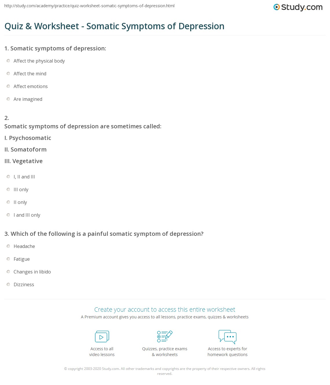 Quiz & Worksheet - Somatic Symptoms of Depression | Study.com