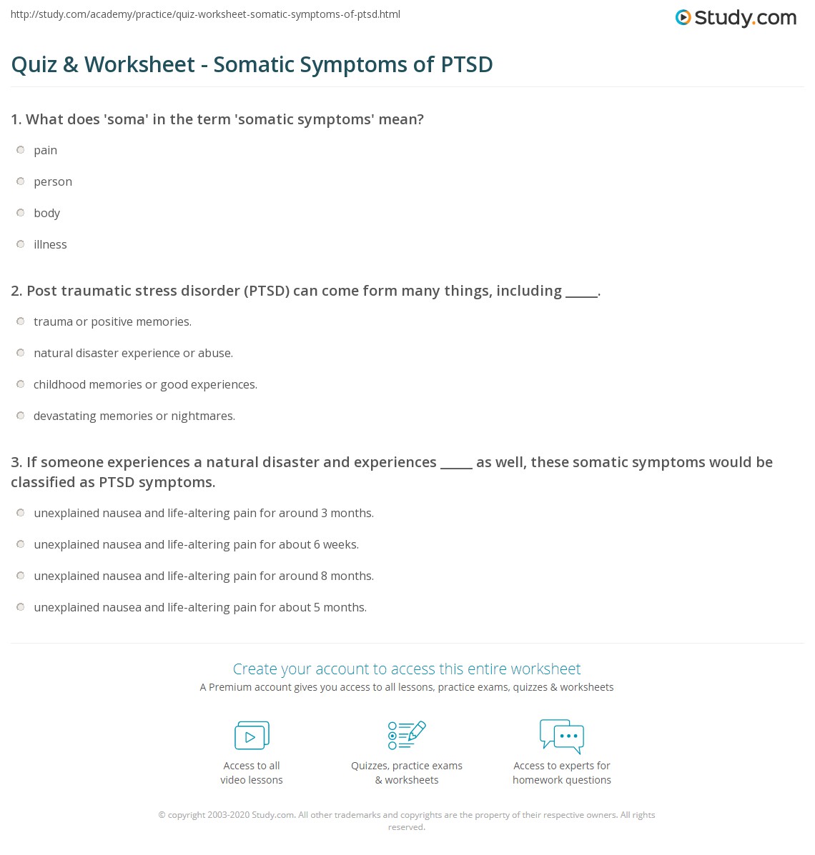 Quiz & Worksheet - Somatic Symptoms of PTSD | Study.com