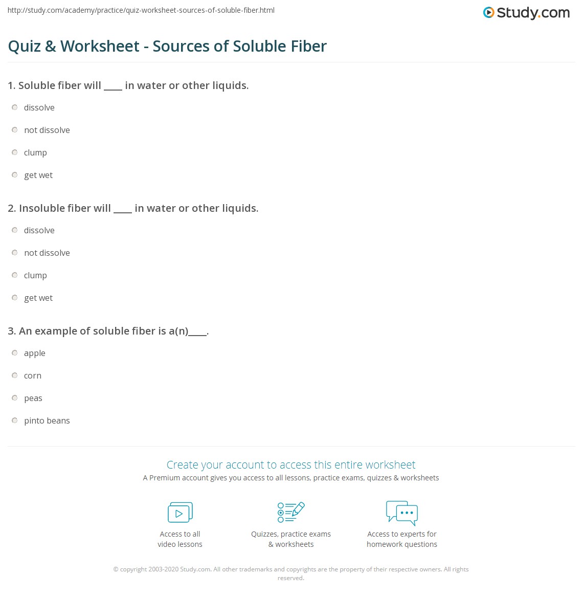 Quiz & Worksheet - Sources of Soluble Fiber | Study.com