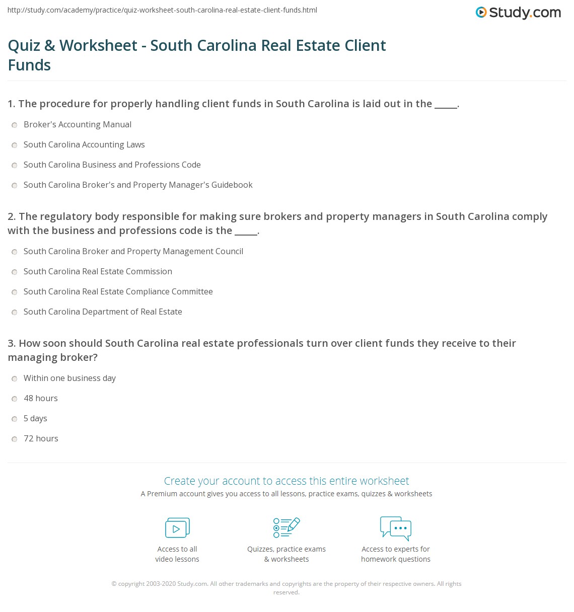 Quiz & Worksheet - South Carolina Real Estate Client Funds | Study.com
