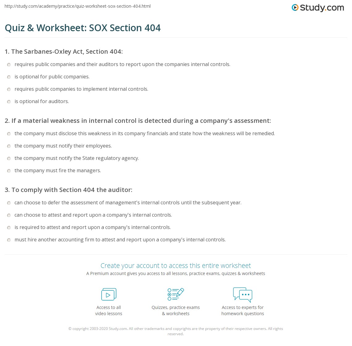 Quiz & Worksheet: SOX Section 404 | Study.com