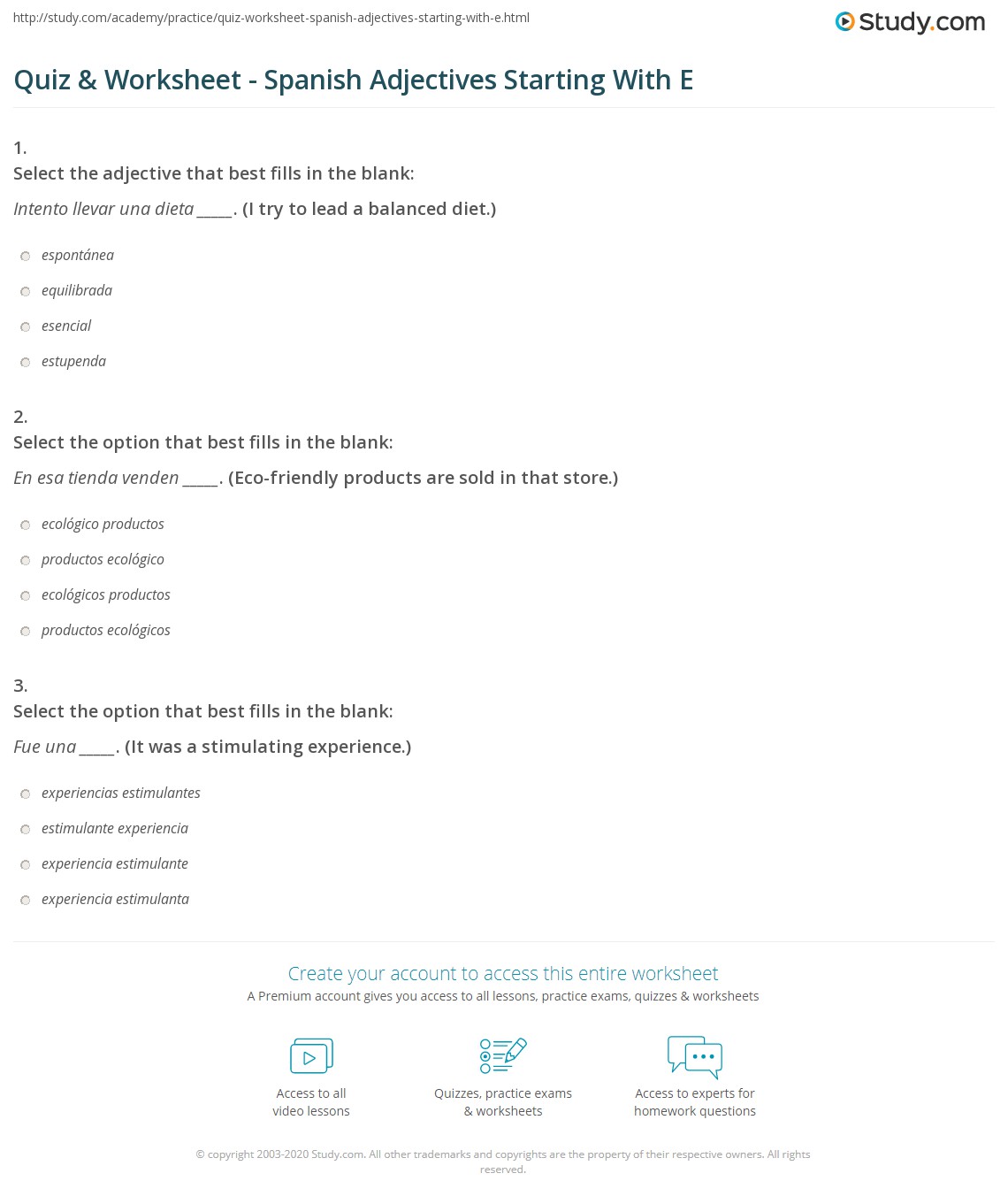 Quiz & Worksheet - Spanish Adjectives Starting With E | Study.com