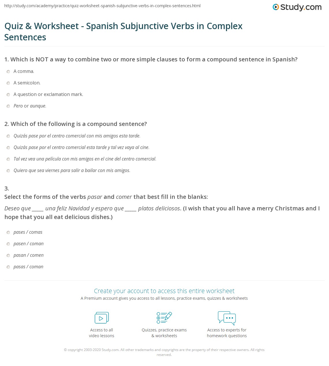 Quiz & Worksheet - Spanish Subjunctive Verbs in Complex Sentences ...