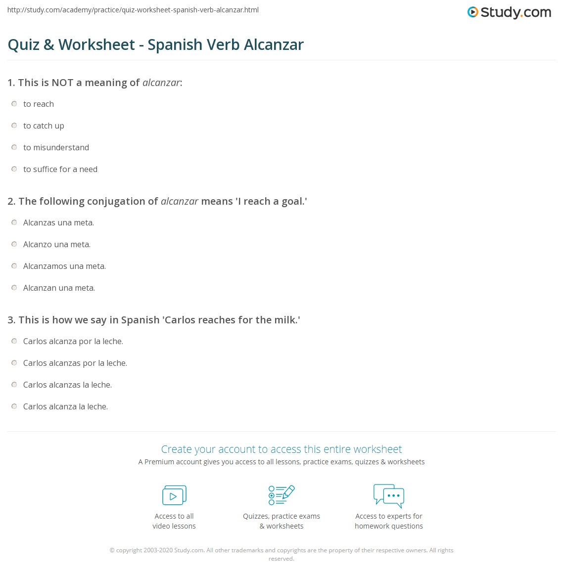 Quiz & Worksheet - Spanish Verb Alcanzar | Study.com