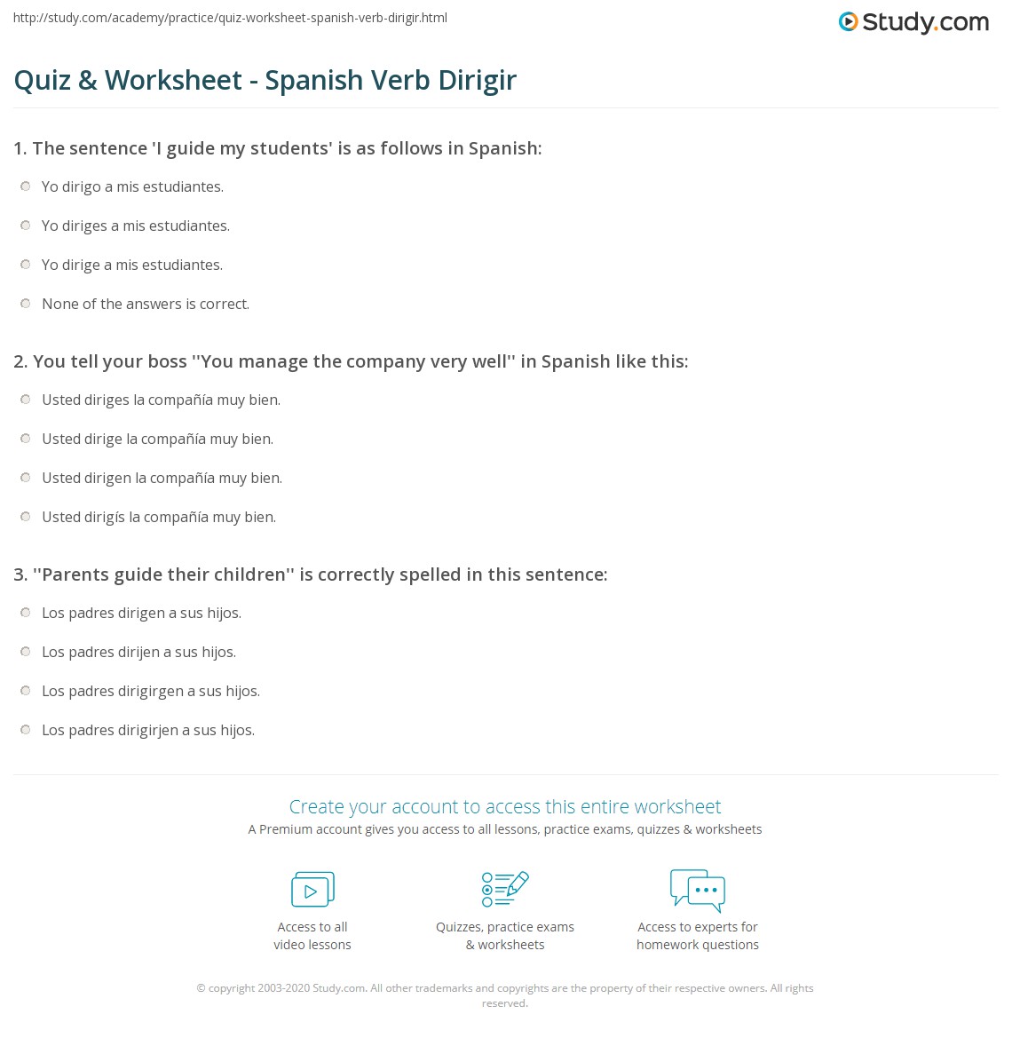 Quiz & Worksheet - Spanish Verb Dirigir | Study.com
