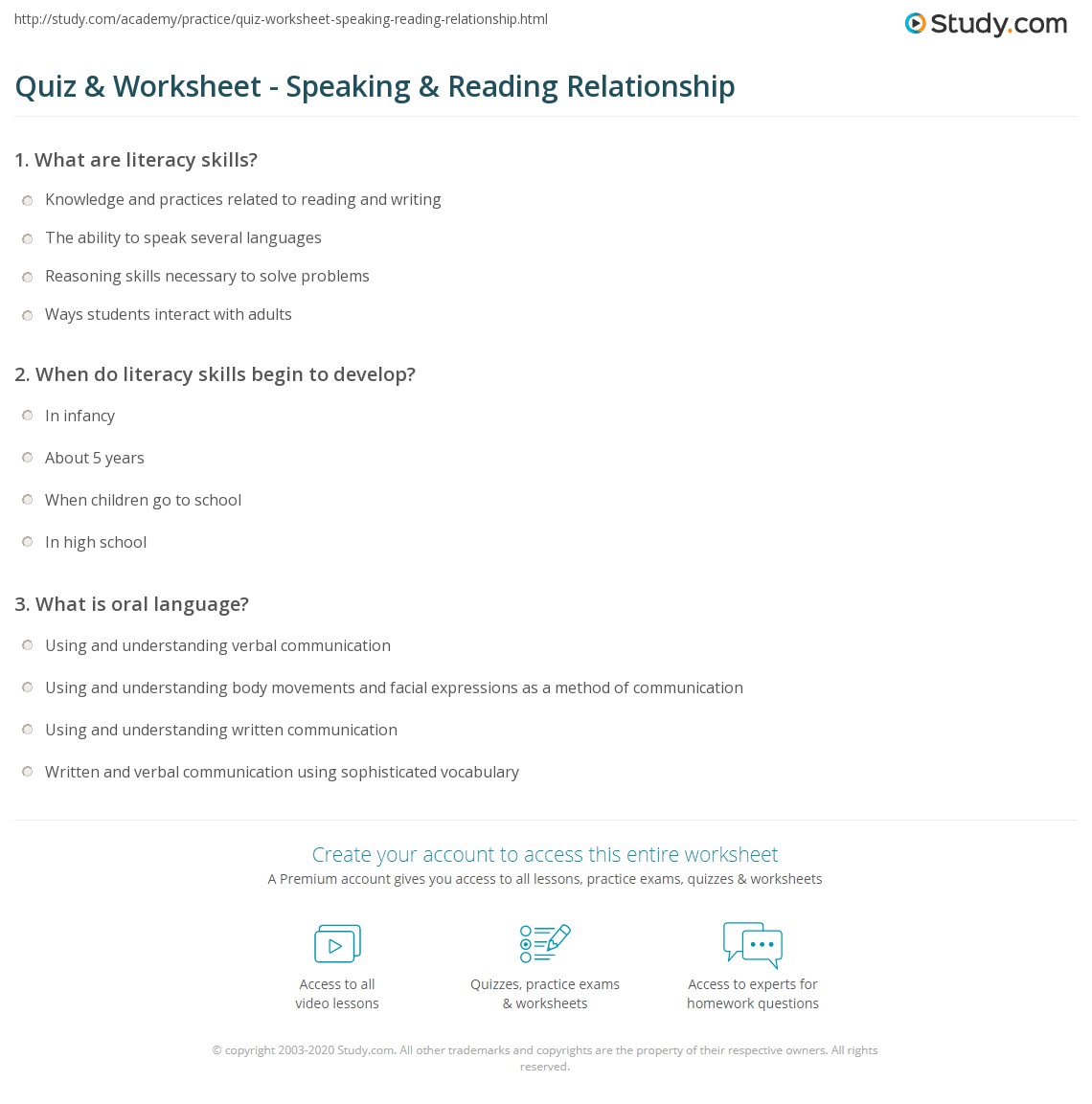 Quiz & Worksheet - Speaking & Reading Relationship | Study.com