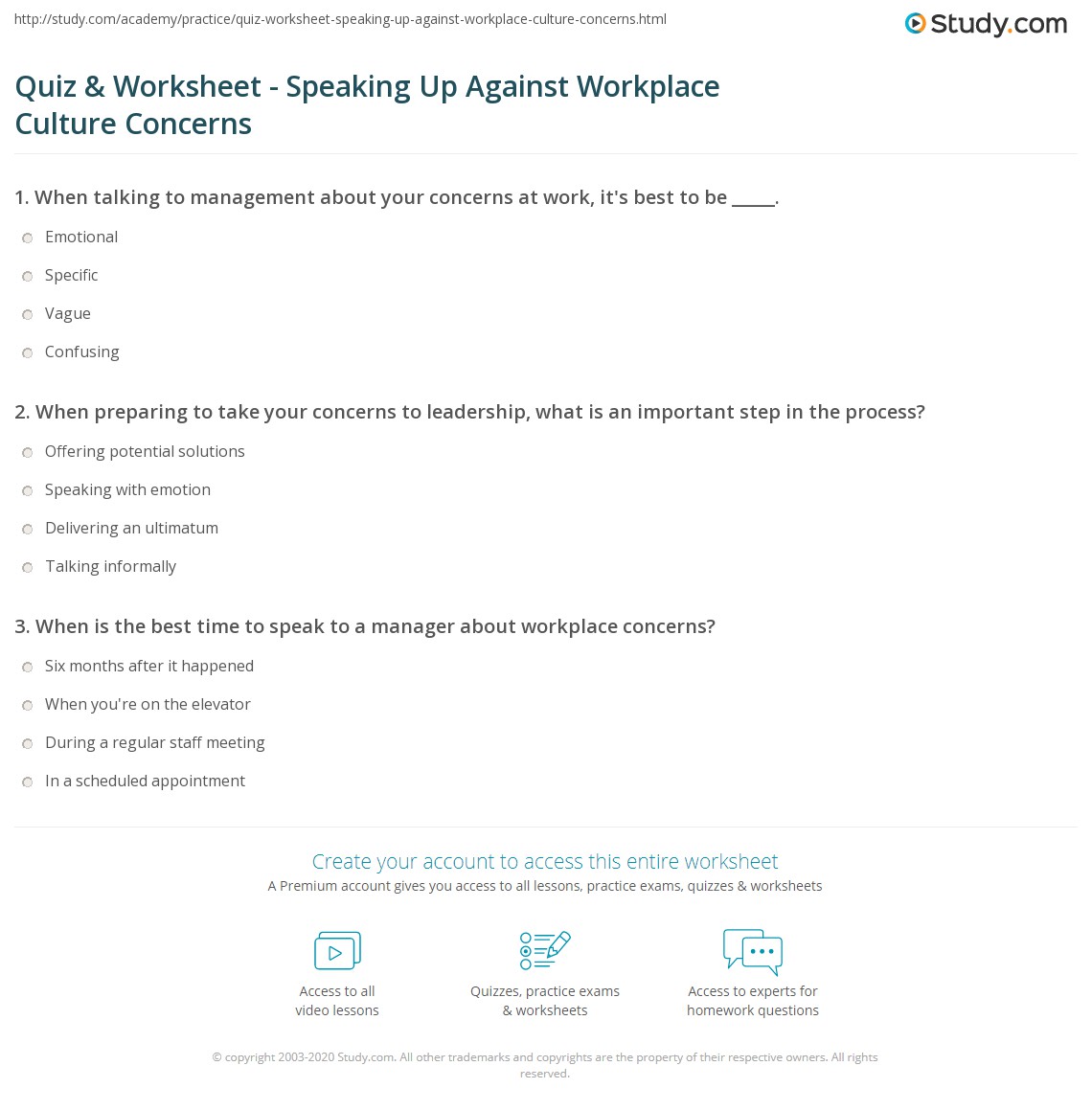Quiz & Worksheet - Speaking Up Against Workplace Culture Concerns ...