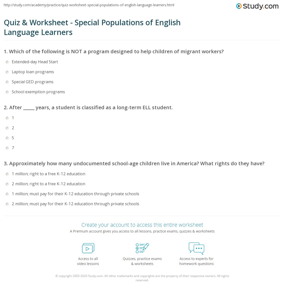 Quiz & Worksheet - Special Populations of English Language Learners ...