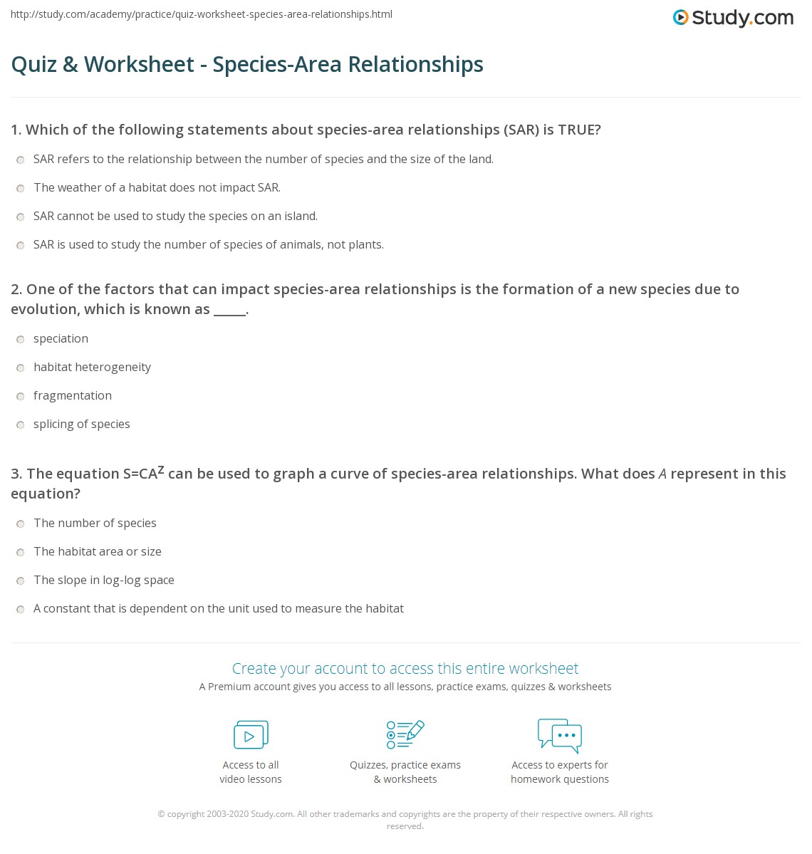 Quiz & Worksheet - Species-Area Relationships | Study.com