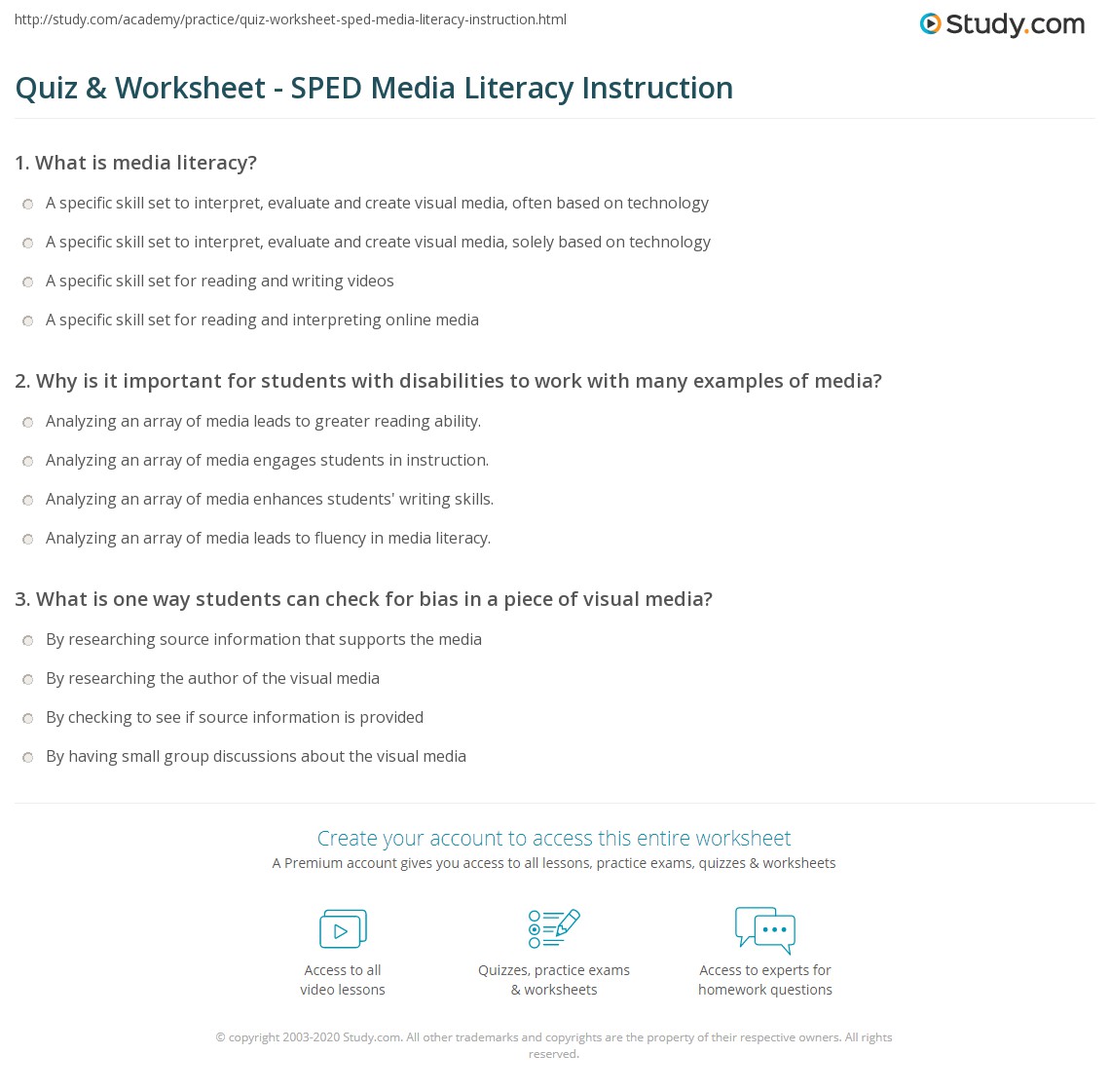 Quiz & Worksheet - SPED Media Literacy Instruction | Study.com