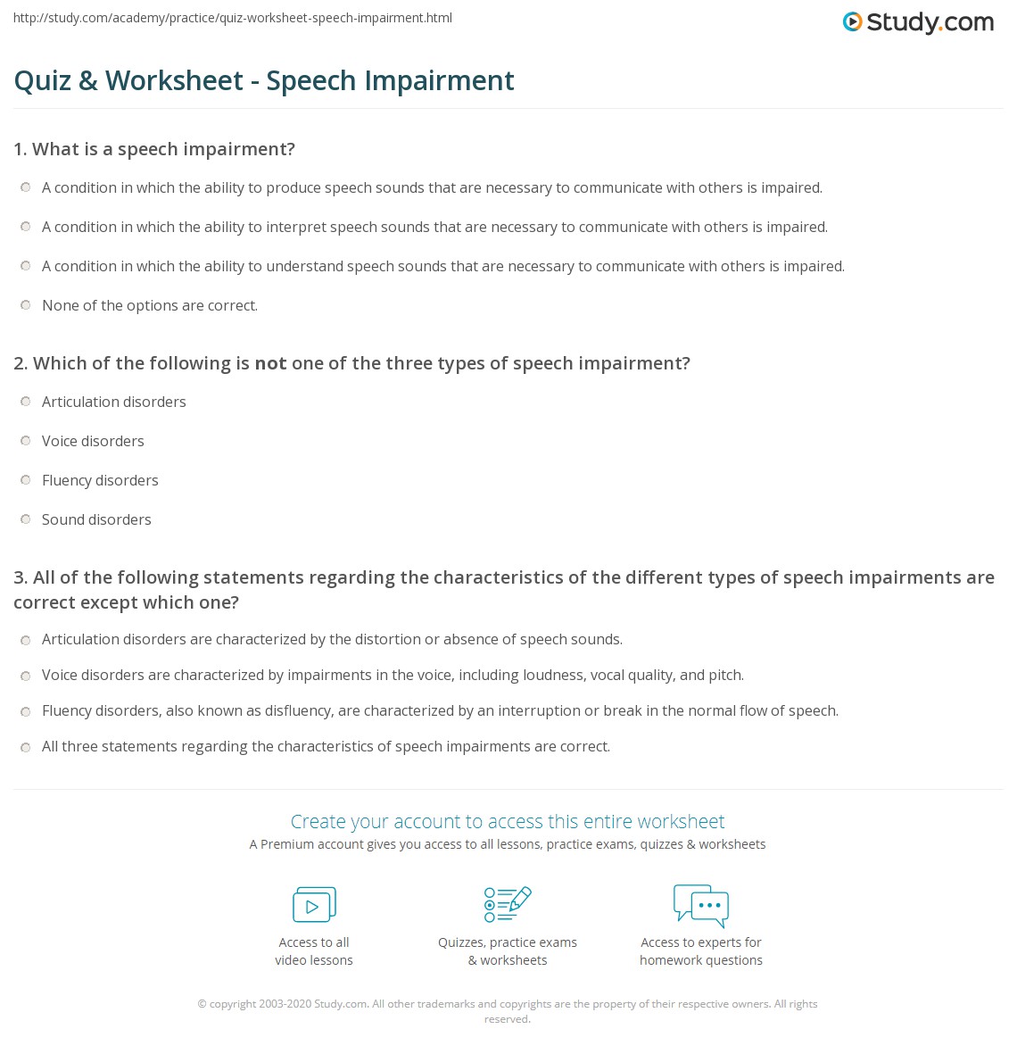 Quiz Worksheet Speech Impairment Study Quiz Worksheet Speech Impairment Study