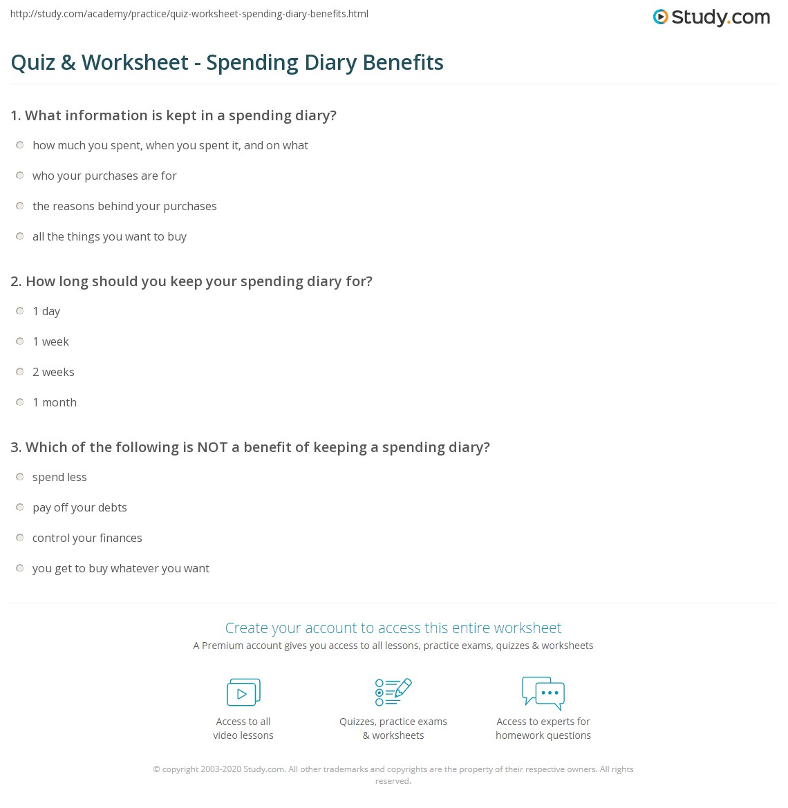 Quiz & Worksheet - Spending Diary Benefits | Study.com