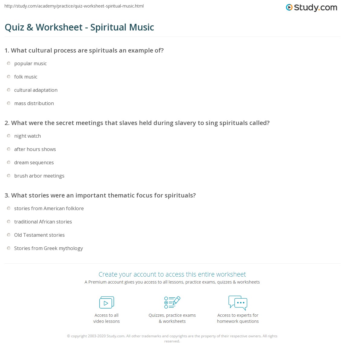 Quiz & Worksheet - Spiritual Music | Study.com