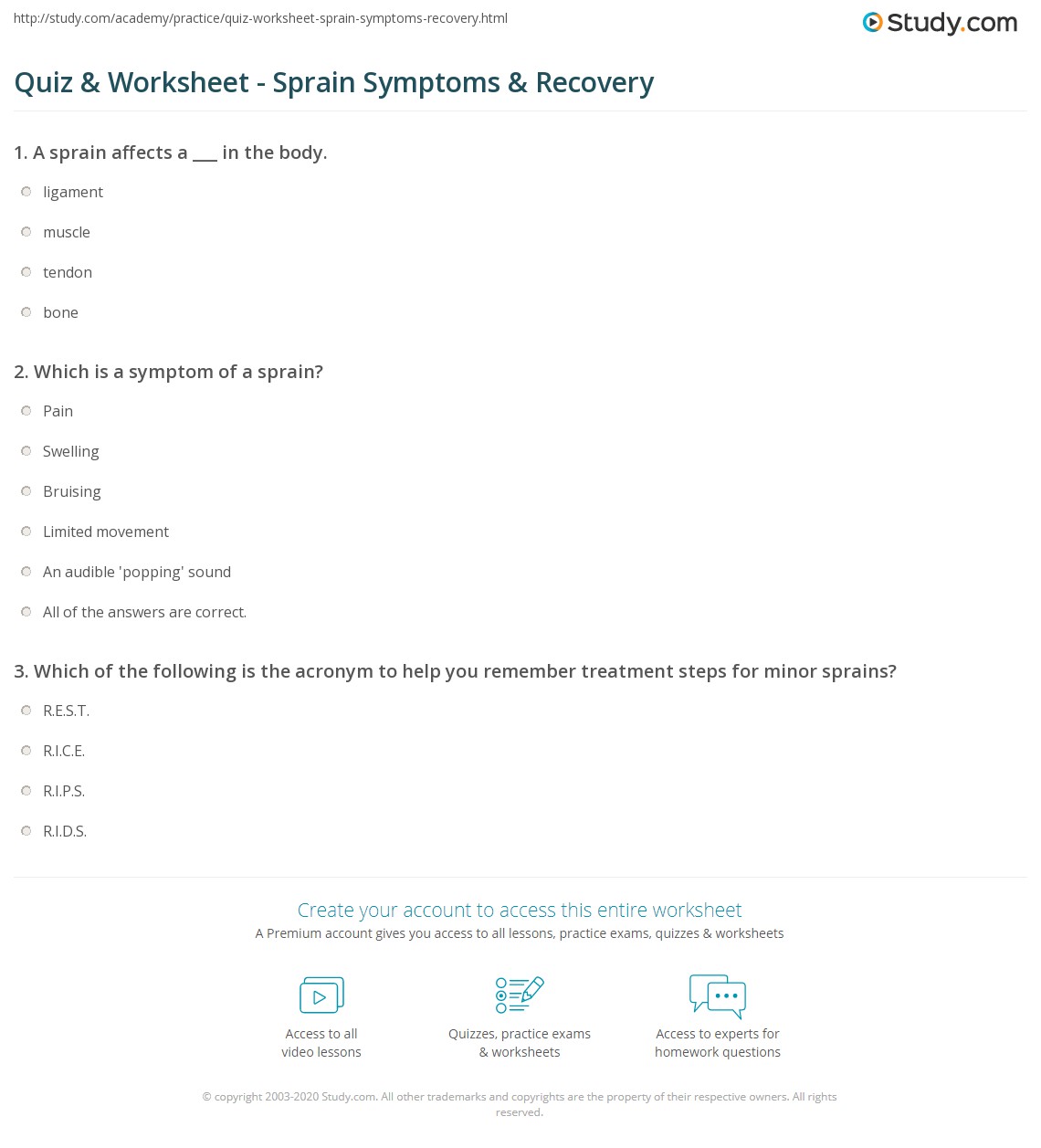 Quiz & Worksheet - Sprain Symptoms & Recovery | Study.com