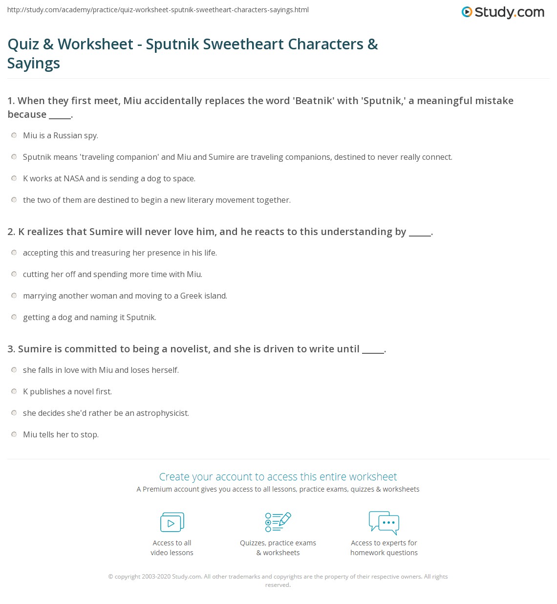 Quiz & Worksheet - Sputnik Sweetheart Characters & Sayings | Study.com