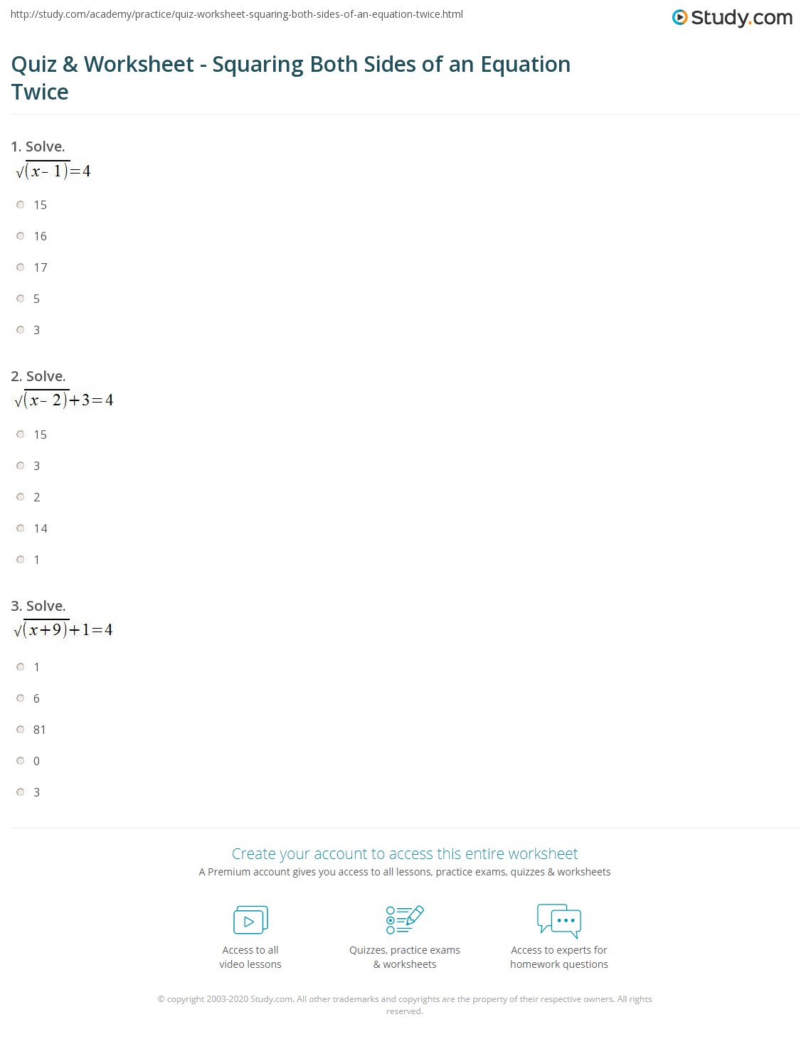 Quiz & Worksheet - Squaring Both Sides of an Equation Twice | Study.com