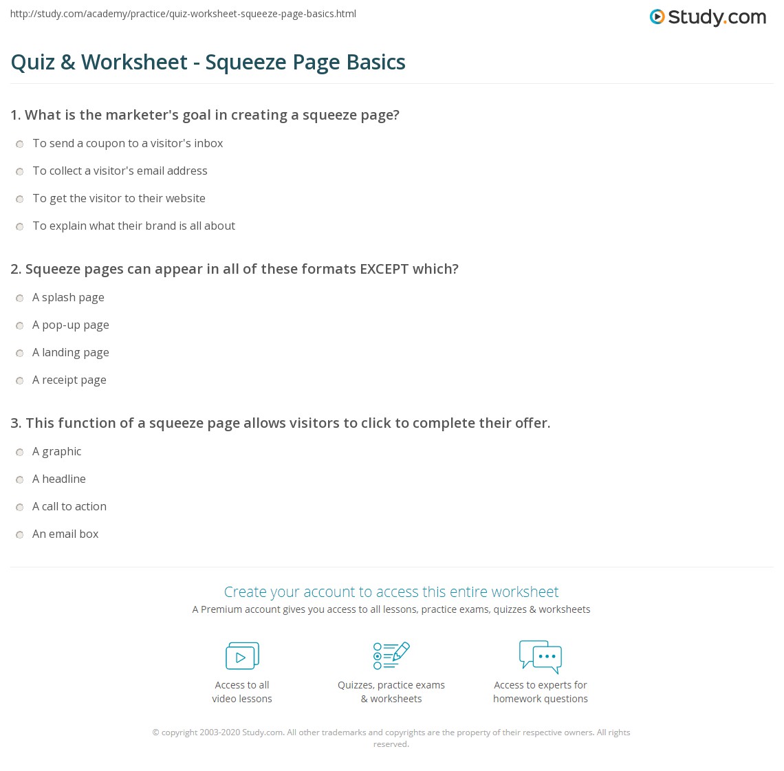 Quiz & Worksheet - Squeeze Page Basics | Study.com
