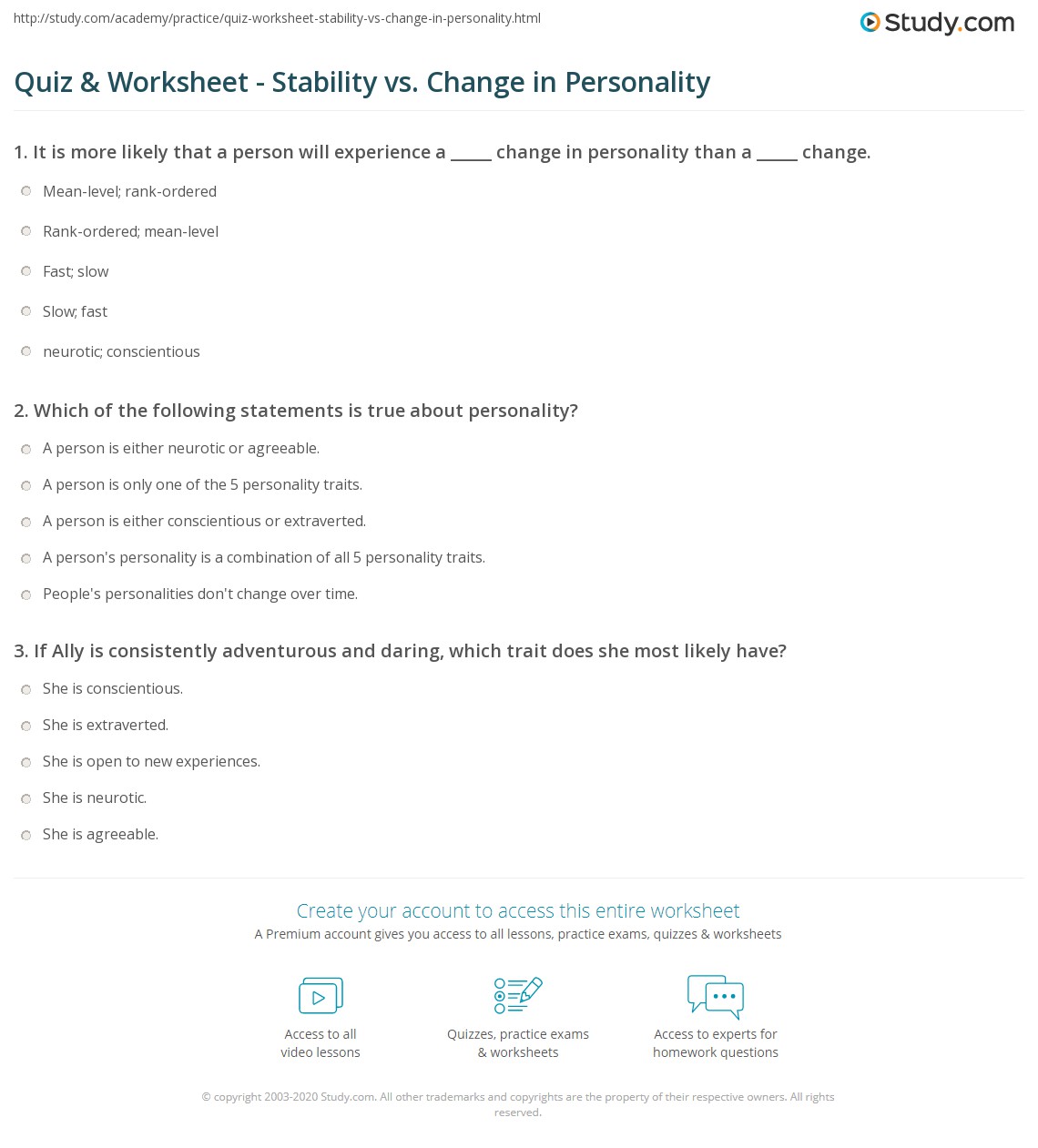Quiz & Worksheet - Stability vs. Change in Personality | Study.com