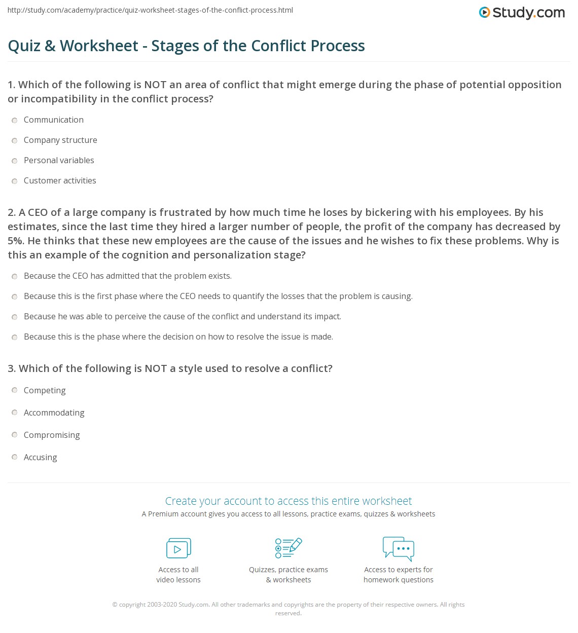 Quiz & Worksheet - Stages of the Conflict Process | Study.com