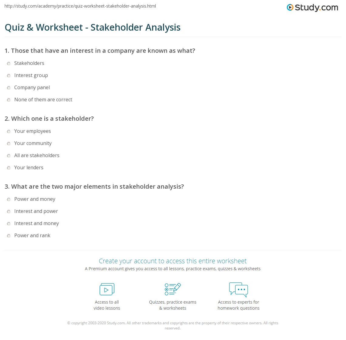 Quiz & Worksheet - Stakeholder Analysis | Study.com