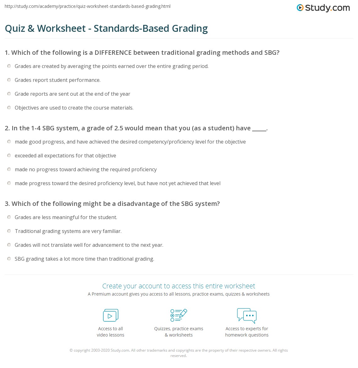 Quiz & Worksheet - Standards-Based Grading | Study.com