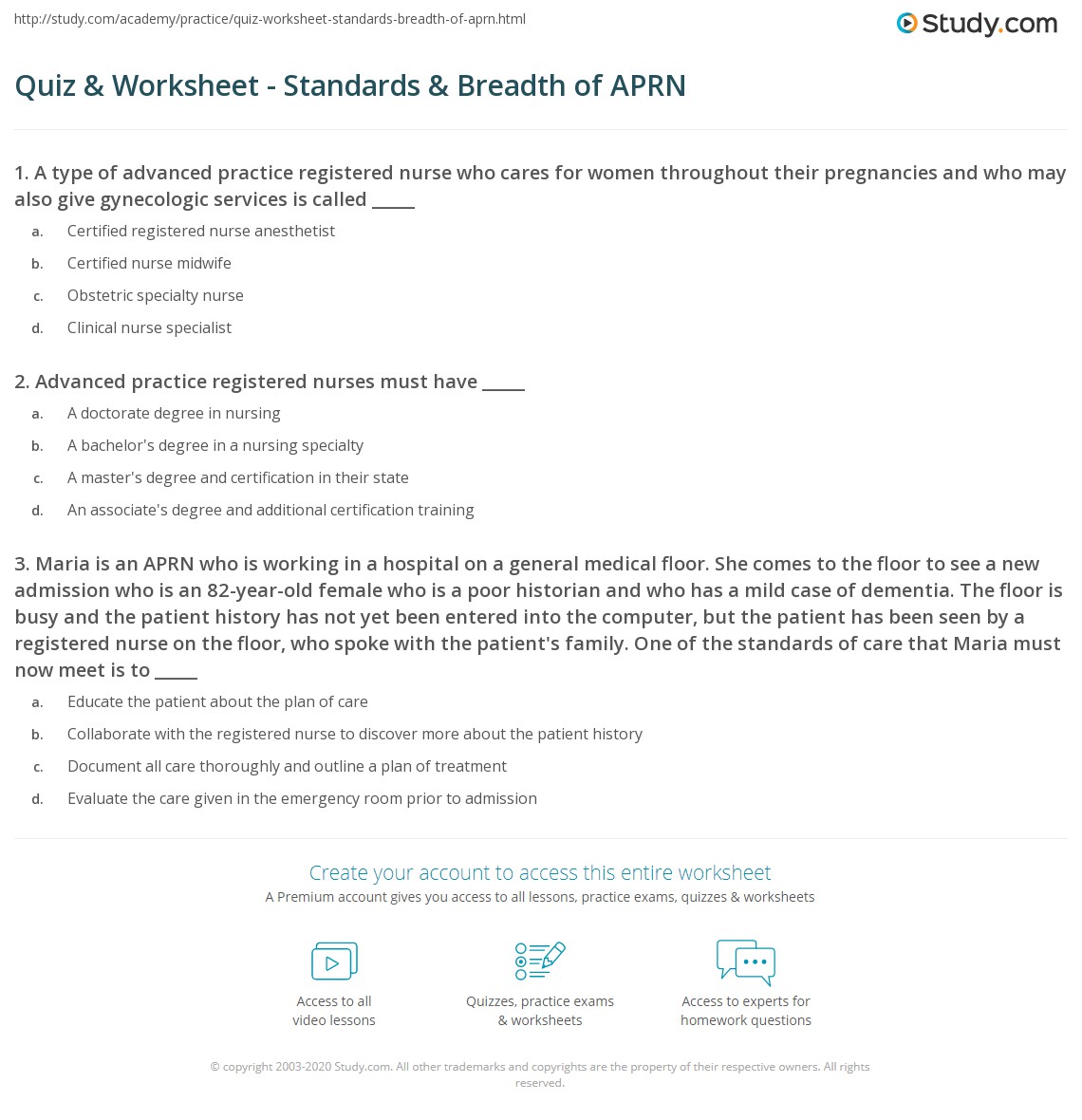 Quiz & Worksheet - Standards & Breadth of APRN | Study.com