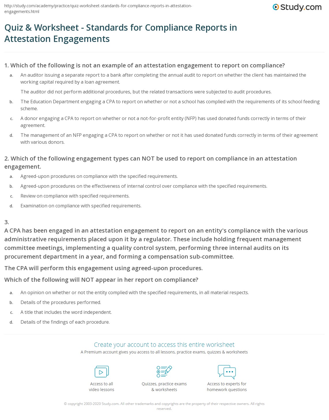 Quiz & Worksheet - Standards for Compliance Reports in Attestation ...