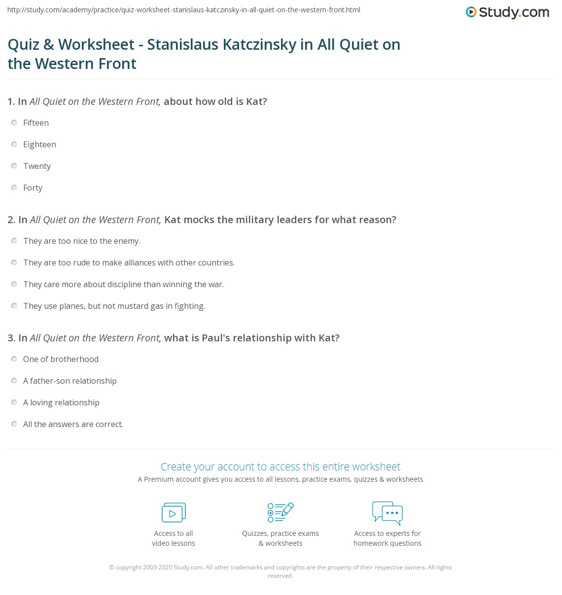 Quiz & Worksheet - Stanislaus Katczinsky in All Quiet on the Western ...