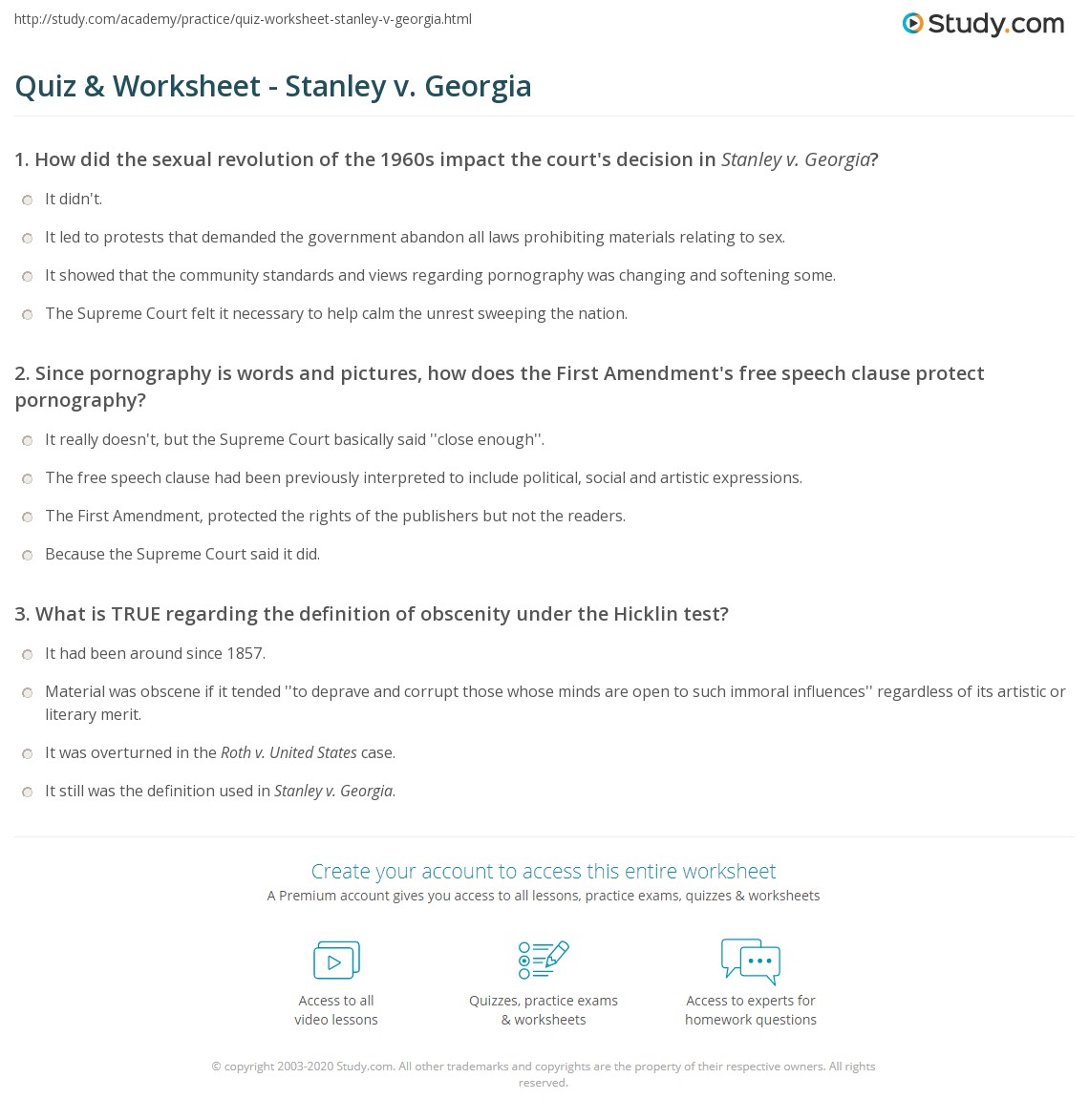 Quiz & Worksheet - Stanley v. Georgia | Study.com