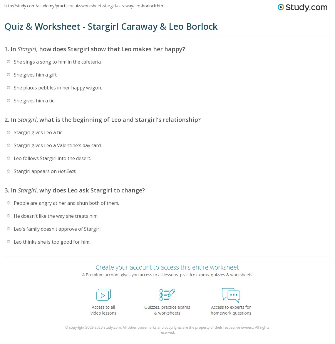 Quiz & Worksheet - Stargirl Caraway & Leo Borlock | Study.com