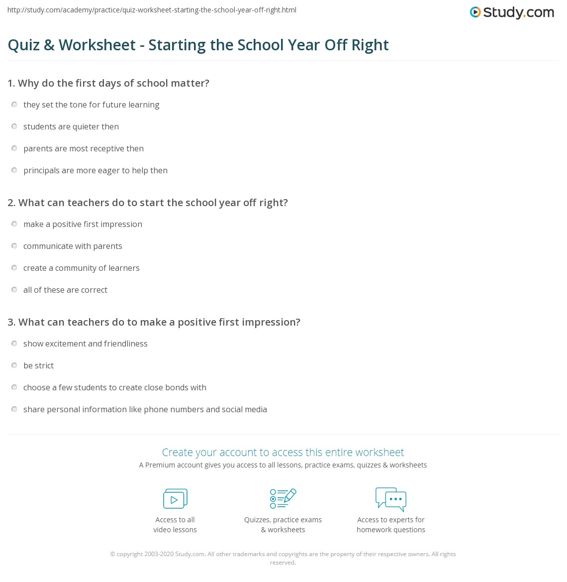 Quiz & Worksheet - Starting the School Year Off Right | Study.com