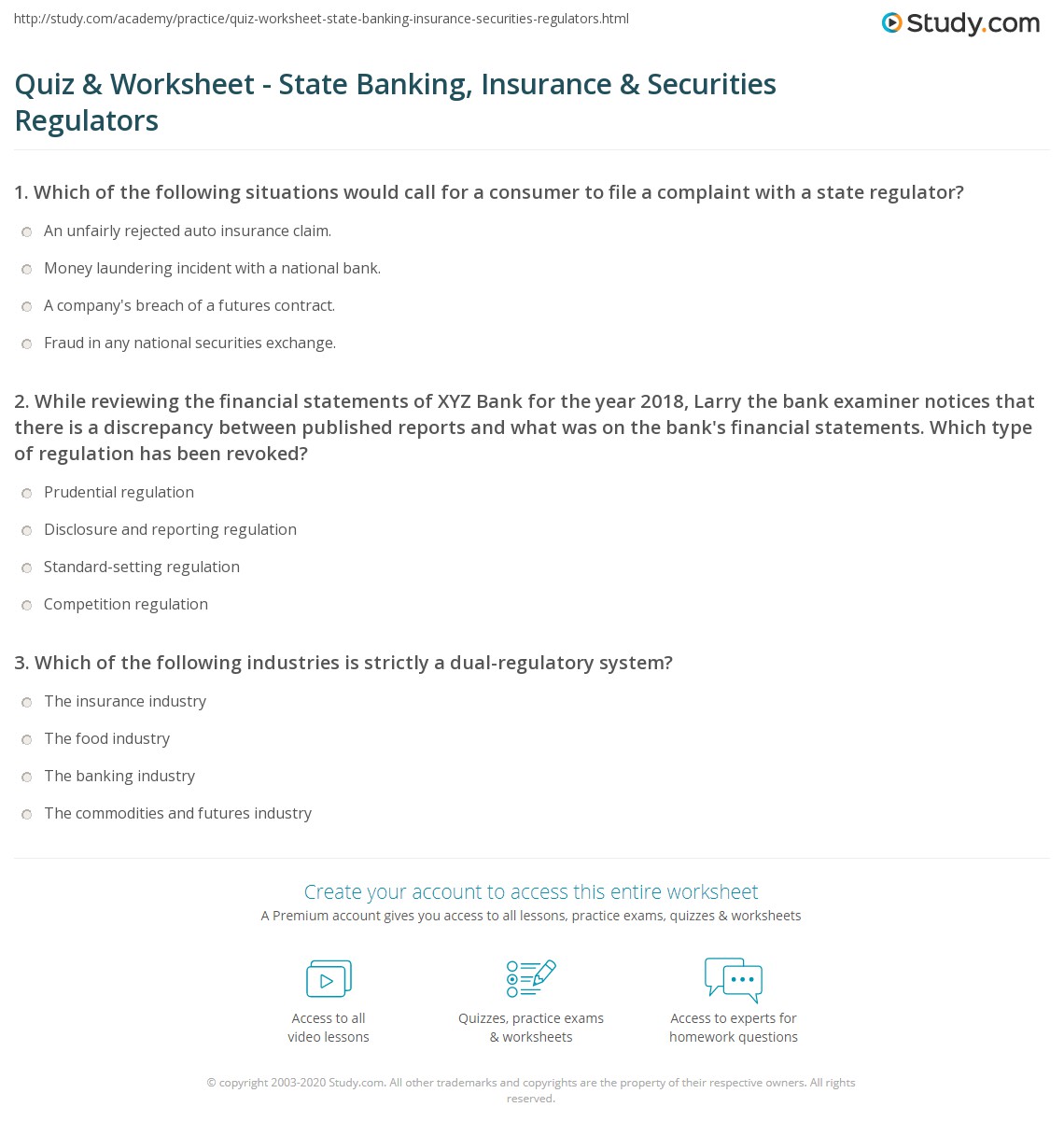 Quiz & Worksheet - State Banking, Insurance & Securities Regulators ...