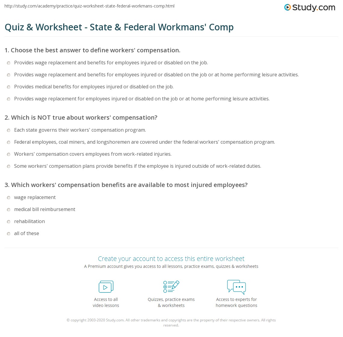 Quiz & Worksheet - State & Federal Workmans' Comp | Study.com