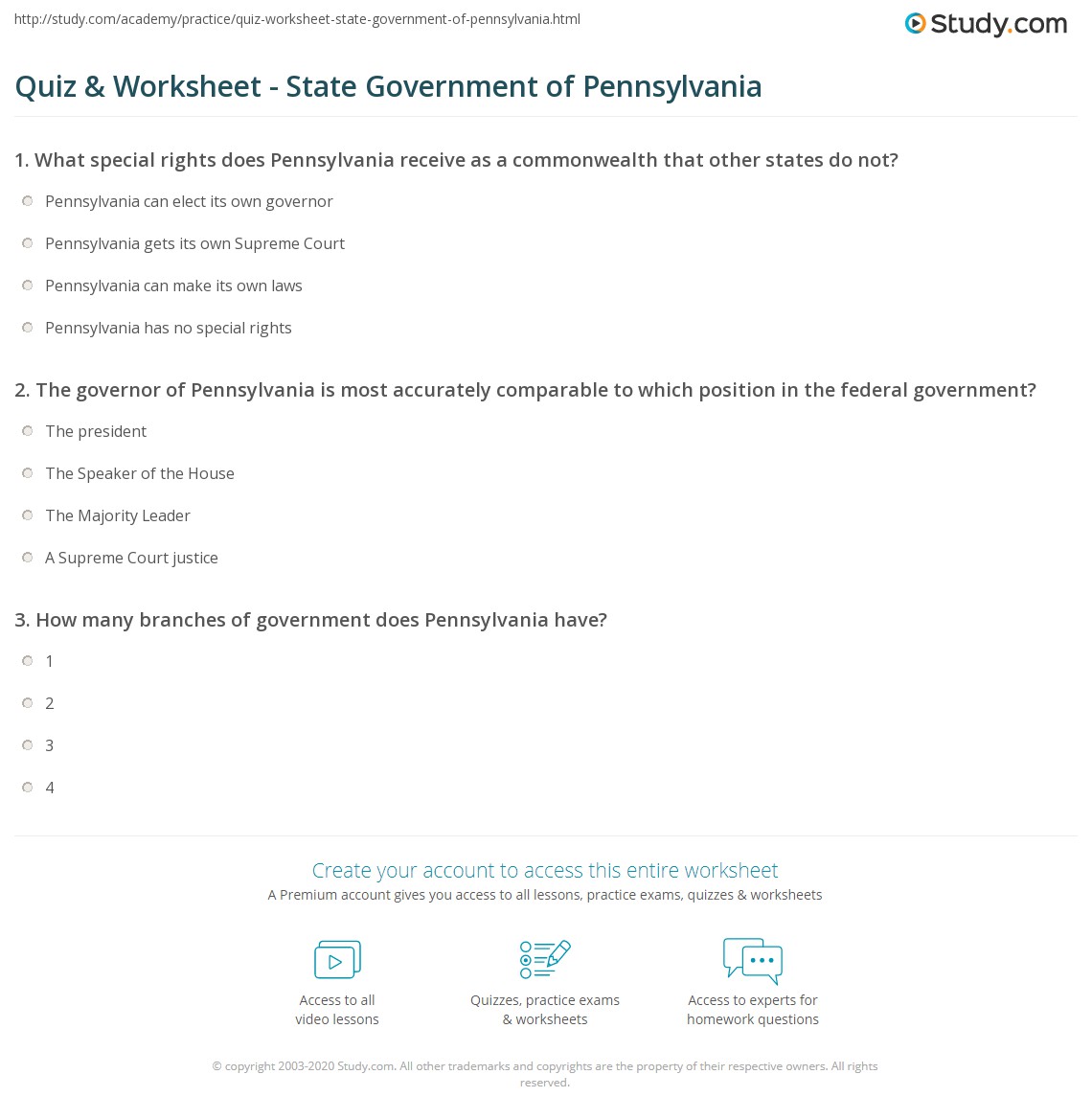 Quiz & Worksheet - State Government of Pennsylvania | Study.com