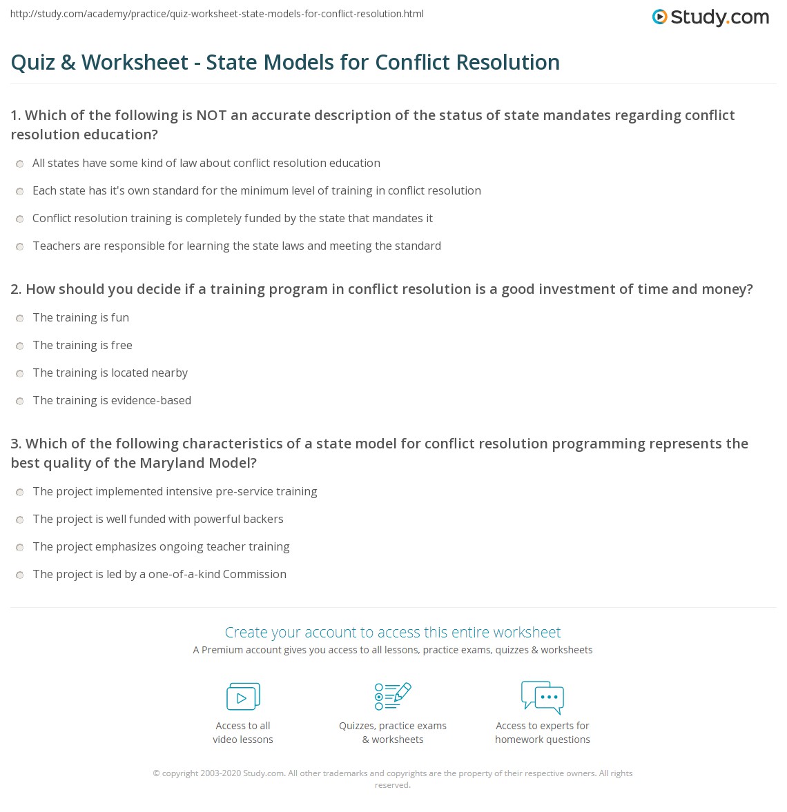 Quiz & Worksheet - State Models for Conflict Resolution | Study.com