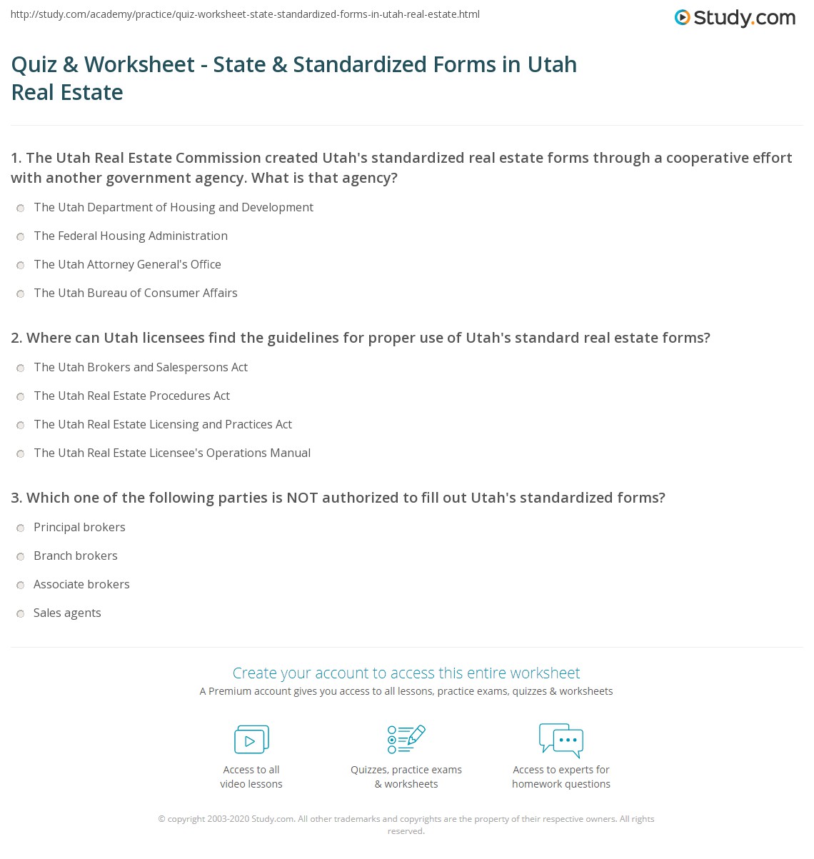 Quiz & Worksheet - State & Standardized Forms in Utah Real Estate ...