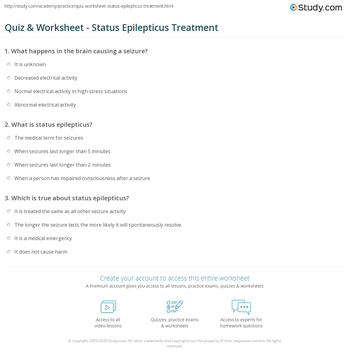 Quiz & Worksheet - Status Epilepticus Treatment | Study.com