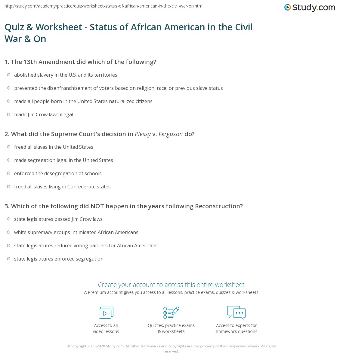 Quiz & Worksheet - Status of African American in the Civil War & On ...