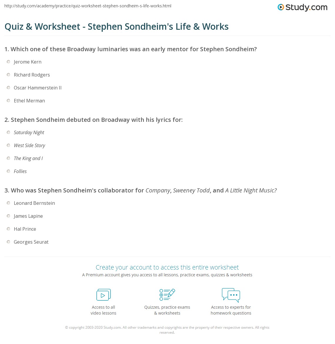 Quiz & Worksheet - Stephen Sondheim's Life & Works | Study.com