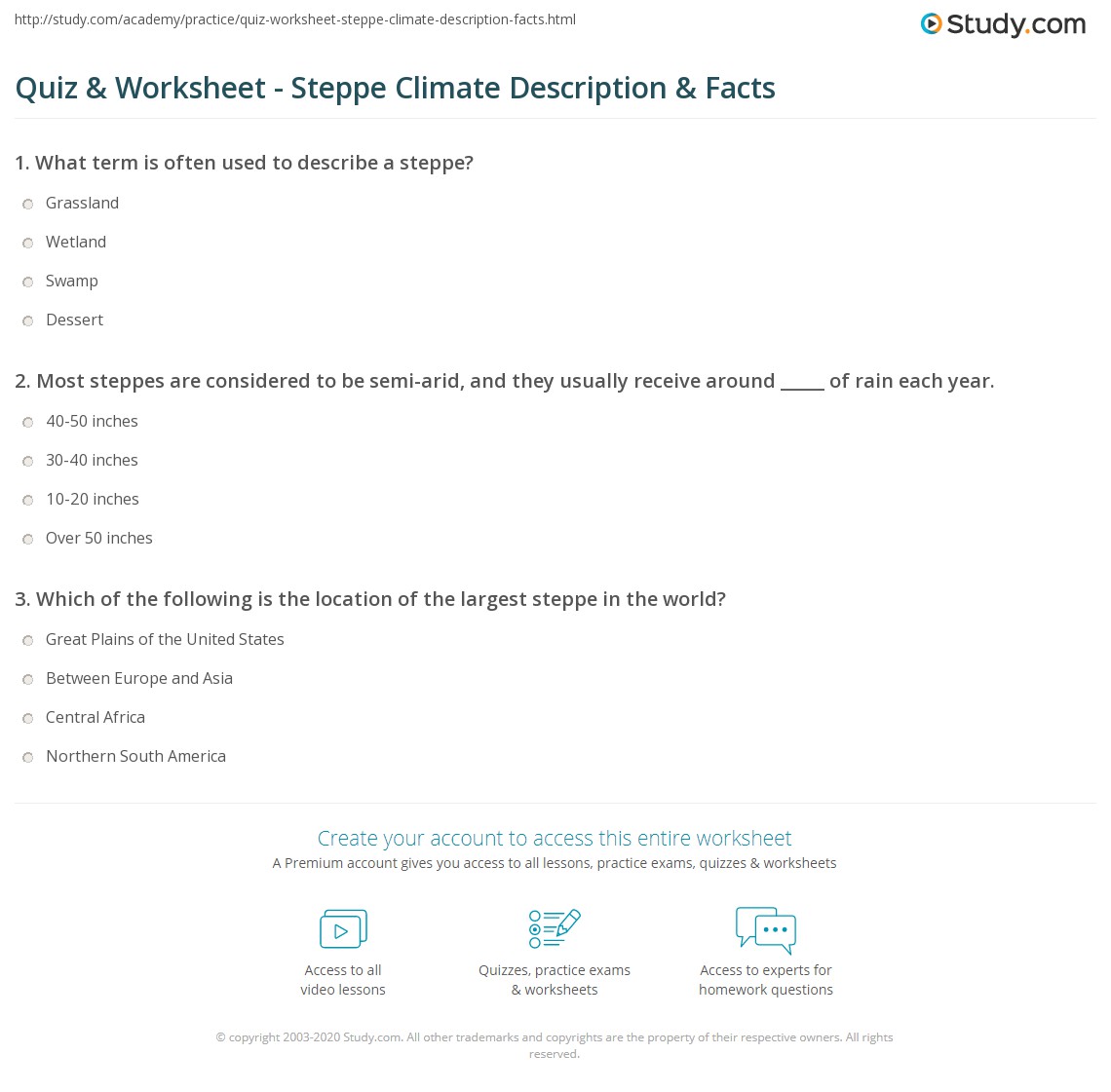 Quiz & Worksheet - Steppe Climate Description & Facts | Study.com