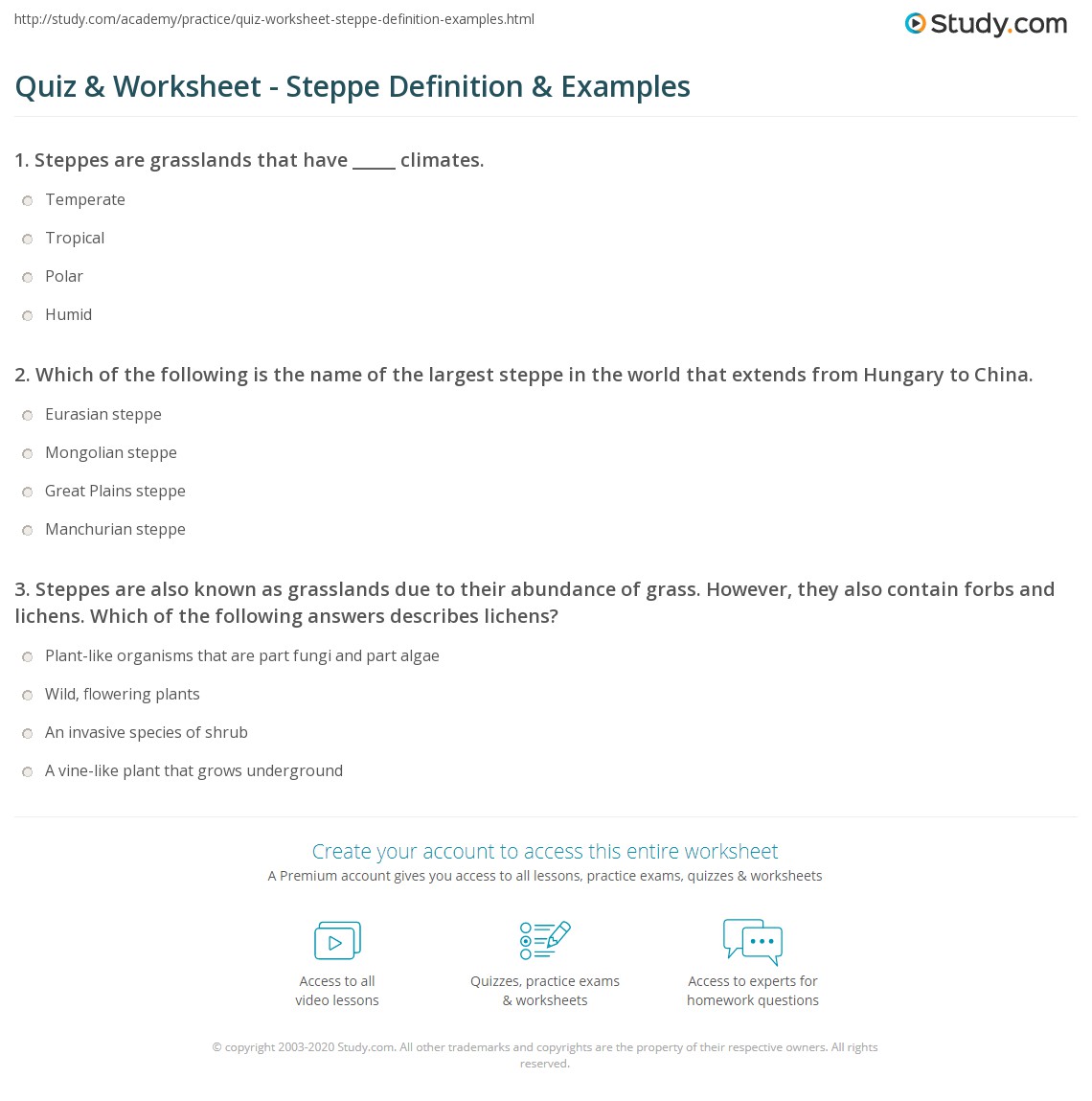 Quiz & Worksheet - Steppe Definition & Examples | Study.com
