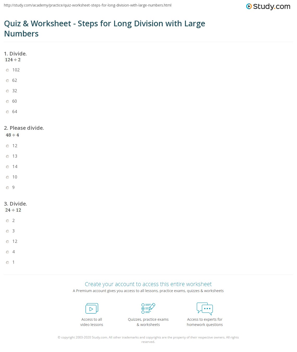 Quiz Worksheet Steps For Long Division With Large Numbers Study