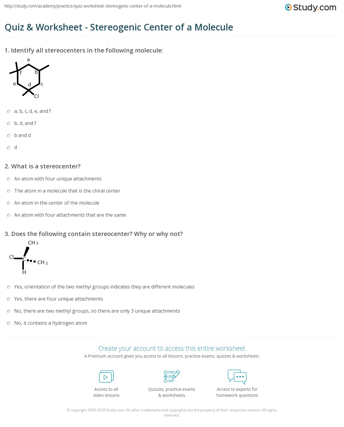 Quiz & Worksheet - Stereogenic Center of a Molecule | Study.com