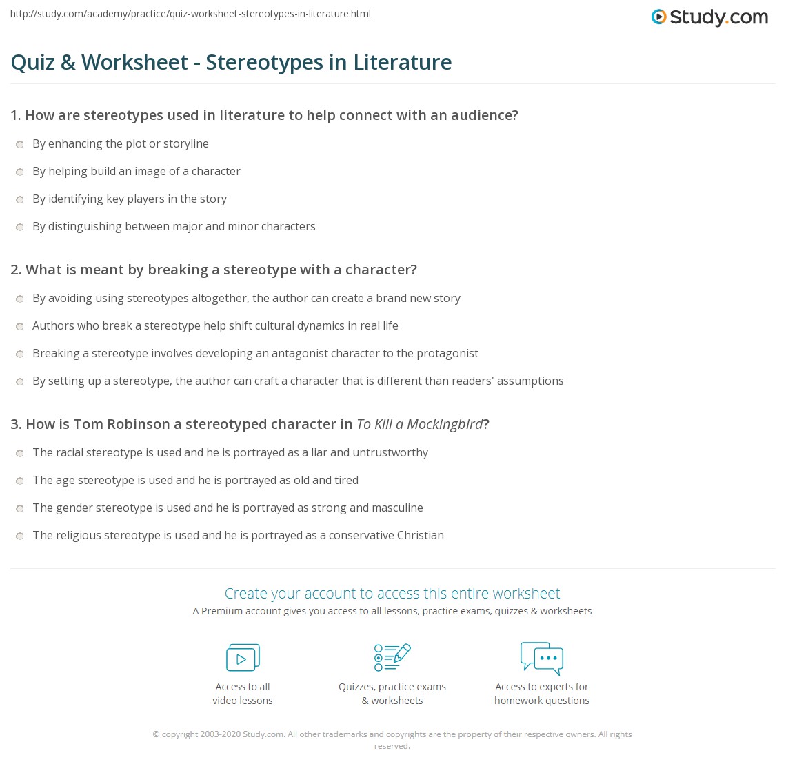 Quiz & Worksheet - Stereotypes in Literature | Study.com
