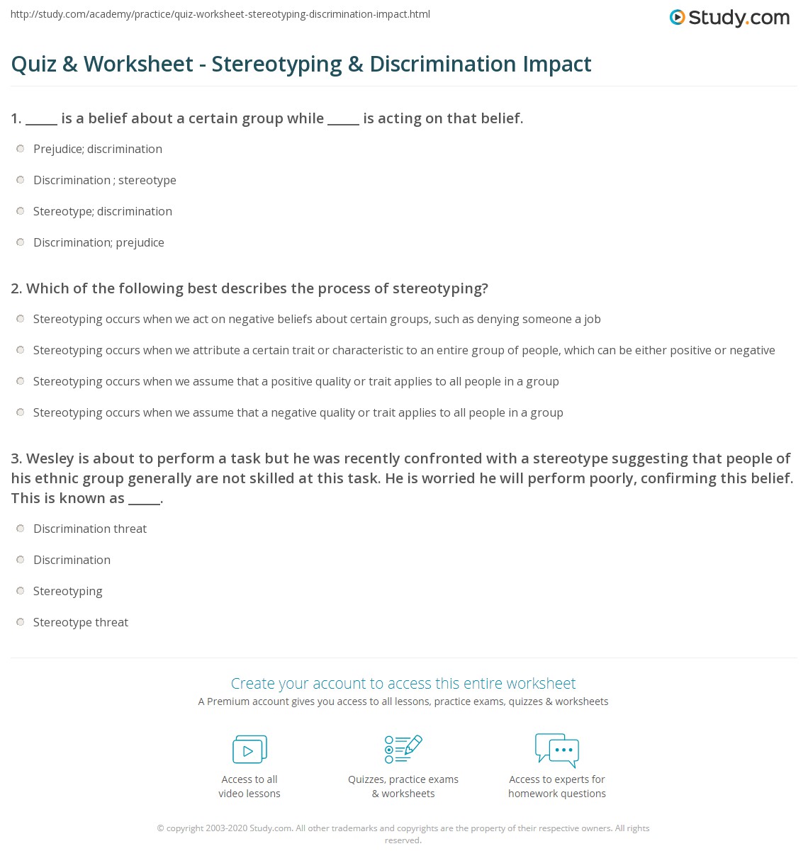 Quiz & Worksheet - Stereotyping & Discrimination Impact | Study.com