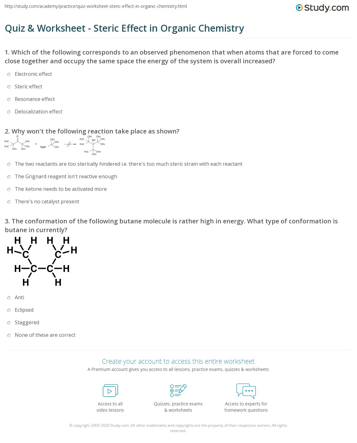 Quiz & Worksheet - Steric Effect in Organic Chemistry | Study.com