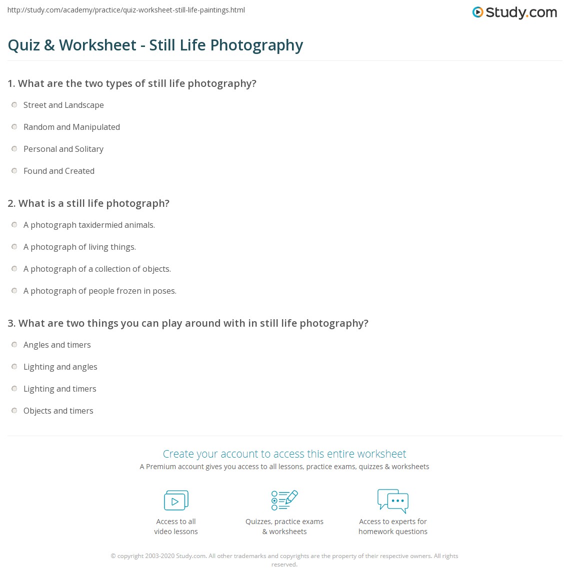 Quiz & Worksheet - Still Life Photography | Study.com