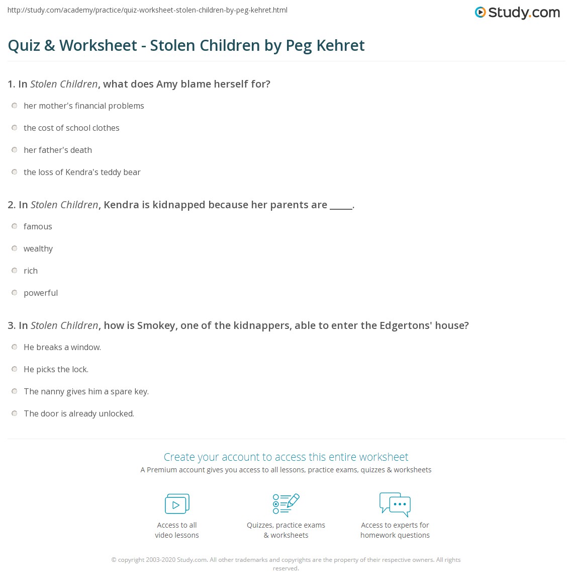Quiz & Worksheet - Stolen Children by Peg Kehret | Study.com