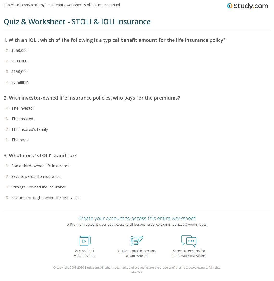 Quiz & Worksheet - STOLI & IOLI Insurance | Study.com